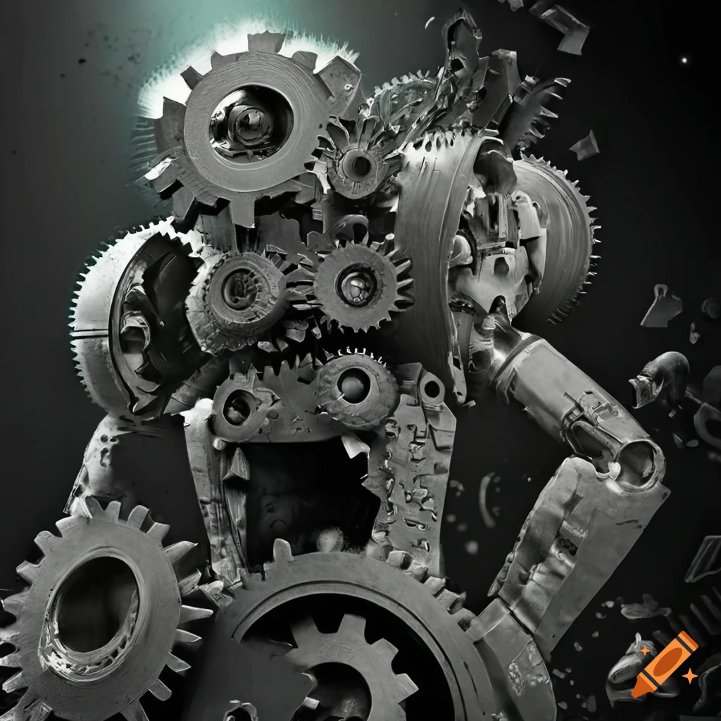Detailed grayscale image of industrial machinery and broken gear ...