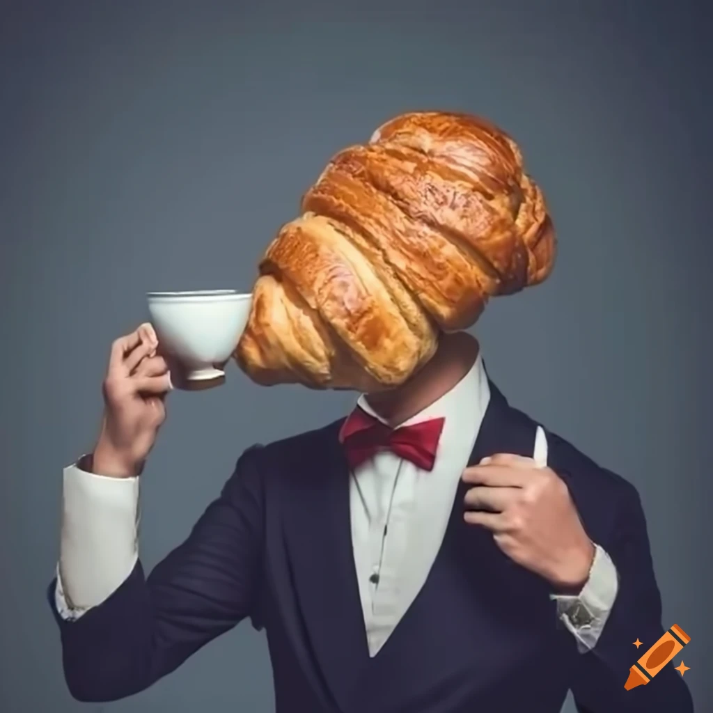 Elegant man drinking coffee with a giant croissant in a whimsical scene ...