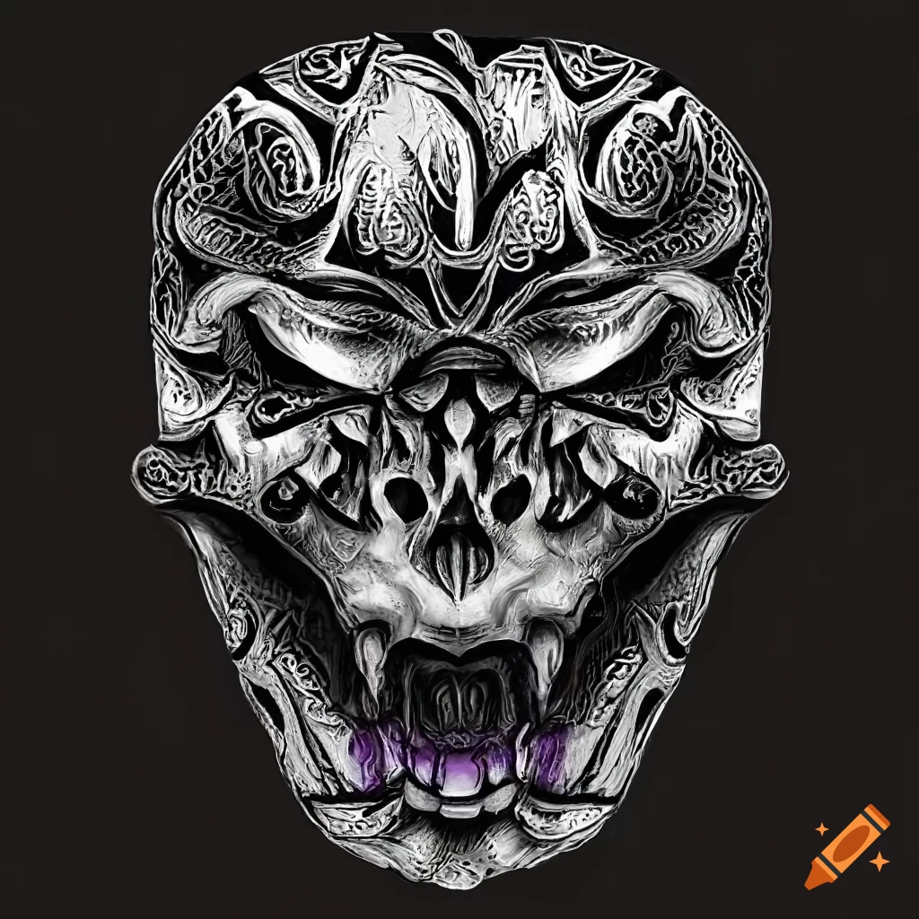 White bone mask with black celtic tribal patterns held together by ...