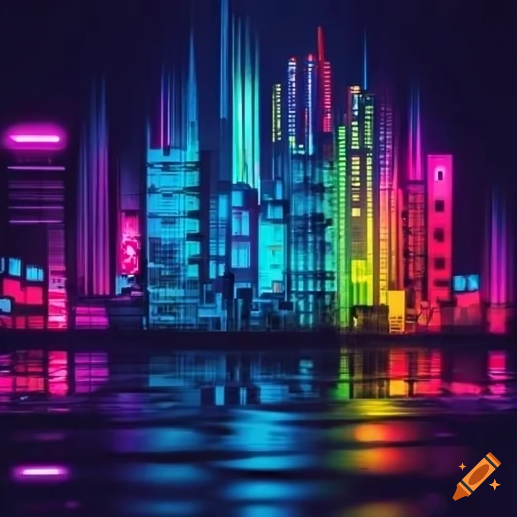 Neon rainbow cyber cityscape on Craiyon