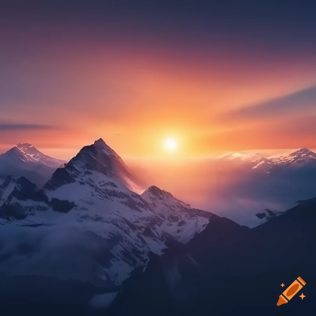 Radiant sunrise over majestic mountain range with beams of light ...