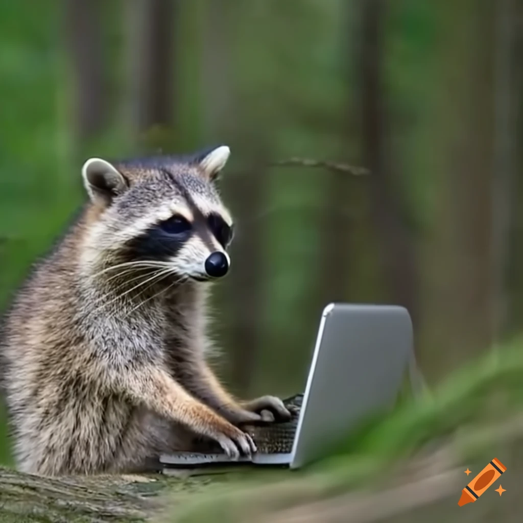 Raccoons using a laptop in the forest on Craiyon