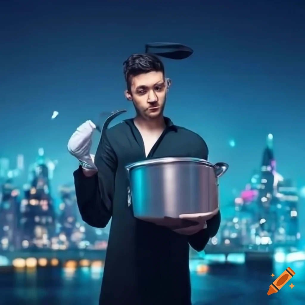 Man holding cookware product with a funky city background on Craiyon