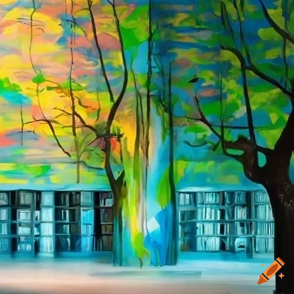 Painting of a modern library with trees and UN global goals on the ...