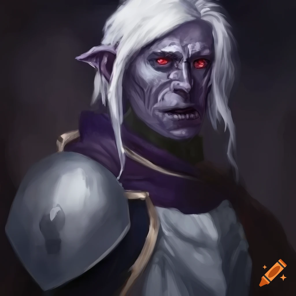 Portrait of a male drow knight character in d&d, white background on ...
