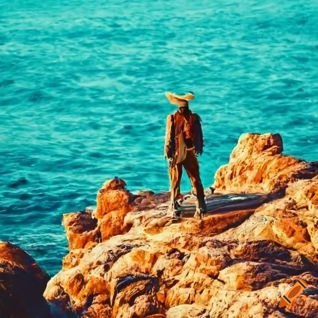 Rugged cowboy standing on rocky cliff overlooking turquoise sea on Craiyon