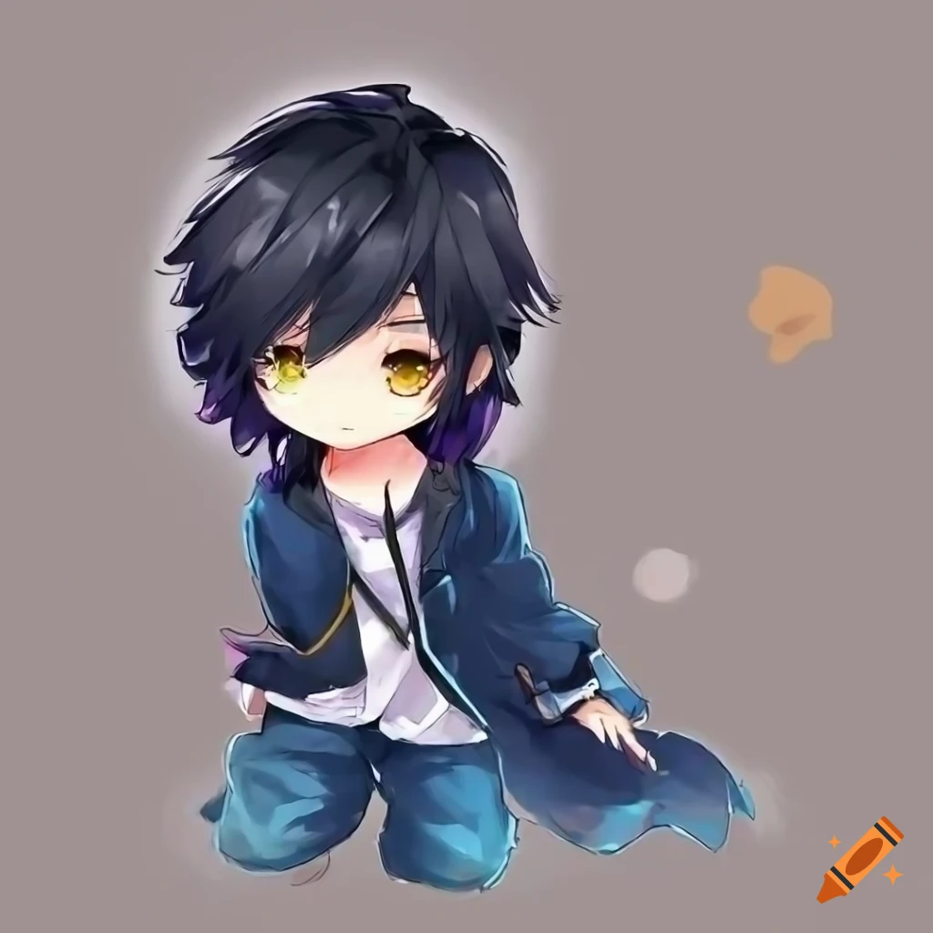 Tiny cute fit anime boy with long wavy black hair and small yellow eyes ...
