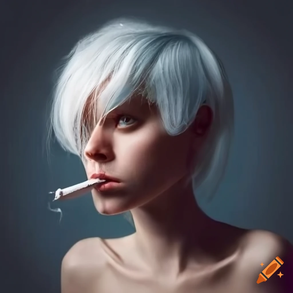 Woman with white hair smoking a cigarette on Craiyon