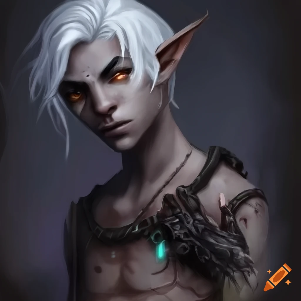 Obsidian skin elf with white hair and ragged clothes on Craiyon