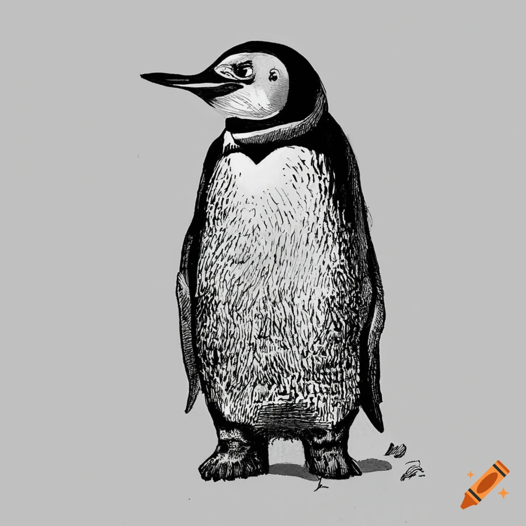 Penguin wearing boots in black and white ink drawing on Craiyon