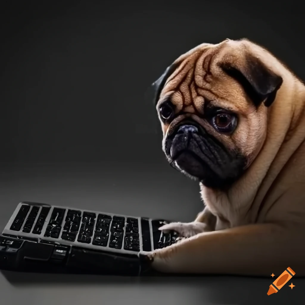 Pug programming on a laptop on Craiyon