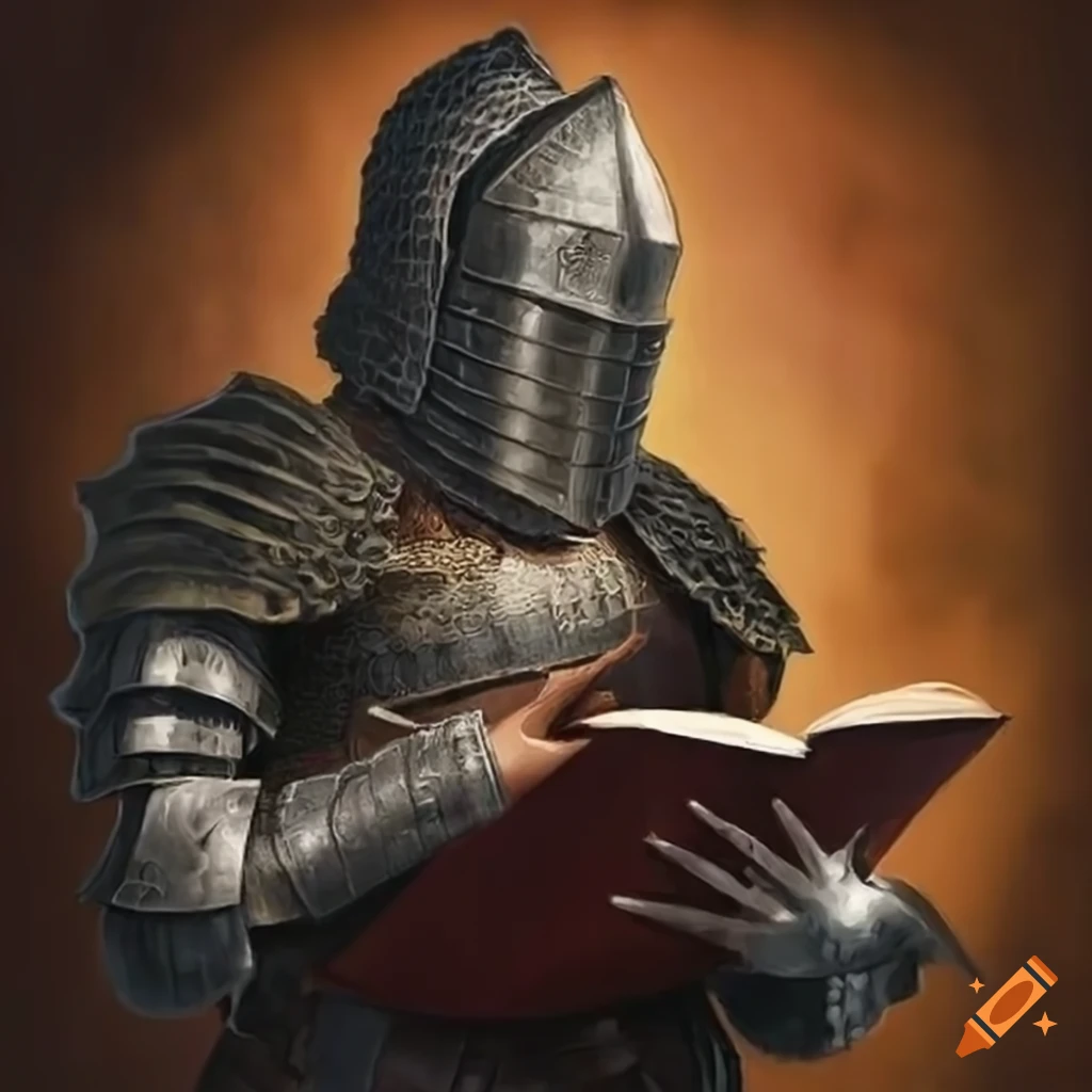 Realistic knight immersed in a book on Craiyon