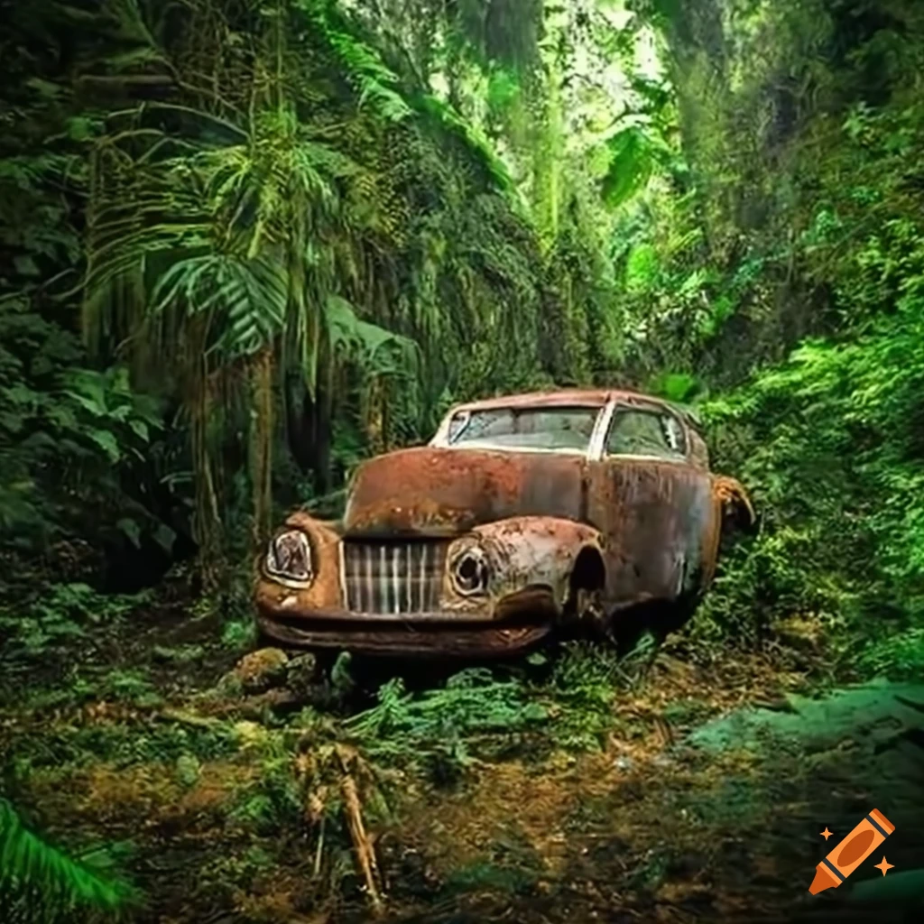 Rusted car flying over lush rainforest on Craiyon