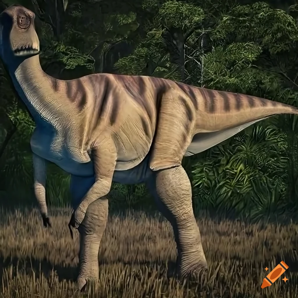 Colorful hadrosaurus dinosaur in warm morning light in the wild on Craiyon