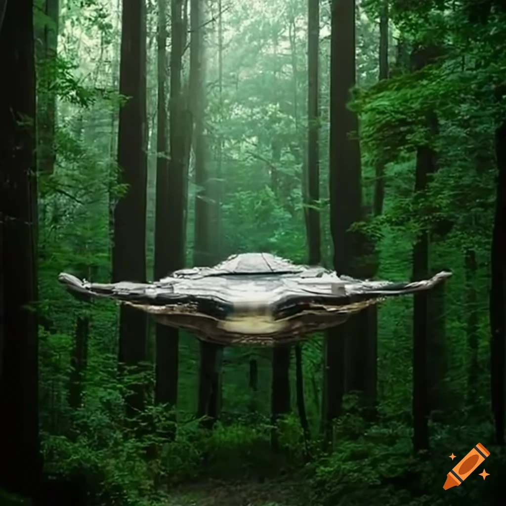 Alien spaceship in the woods with open doors and a man beside on Craiyon