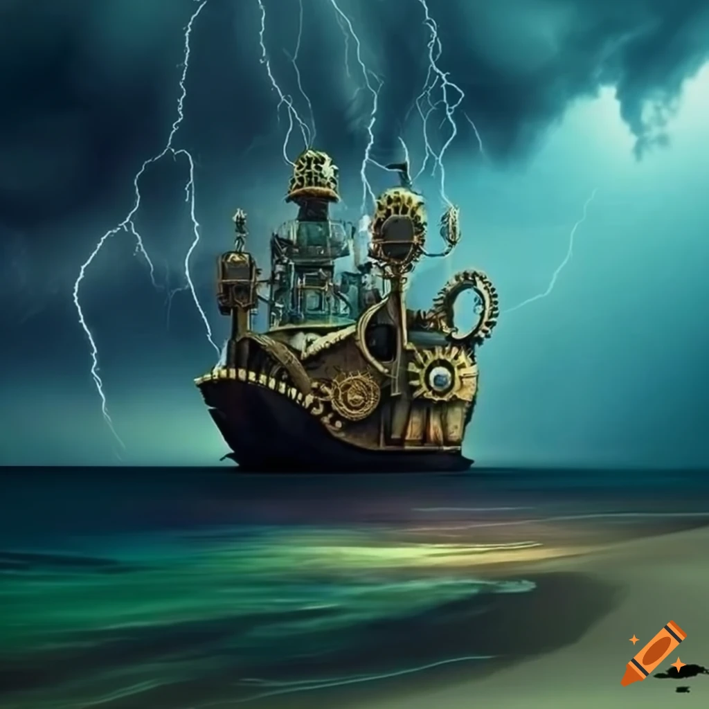 Steampunk machines on a giant boat with surreal sky and mountains on ...