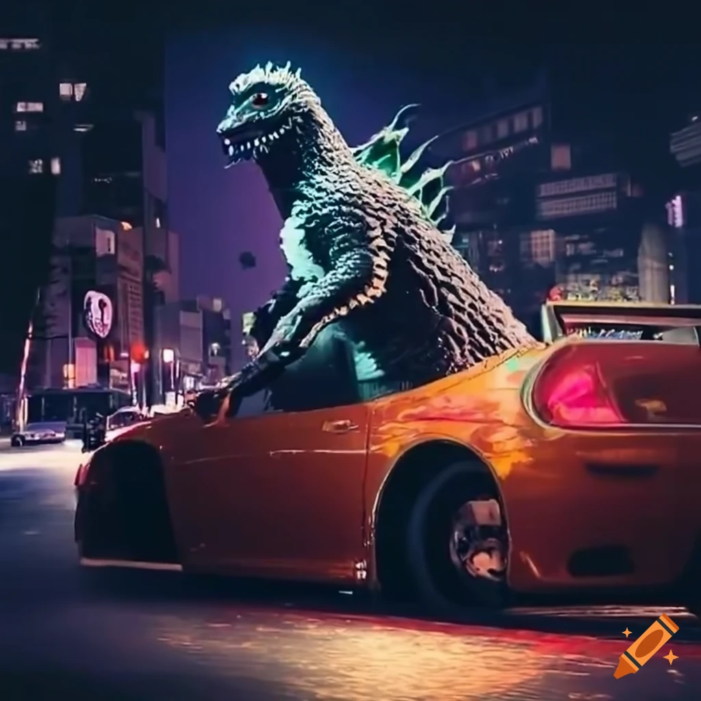 Godzilla-car and tuna-car street racing in Tokyo at night on Craiyon