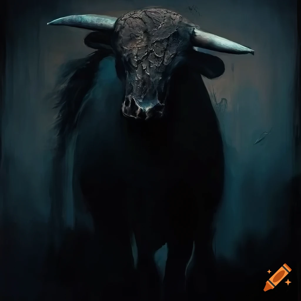 Dark romantic painting of a bull in black and white style with visible ...