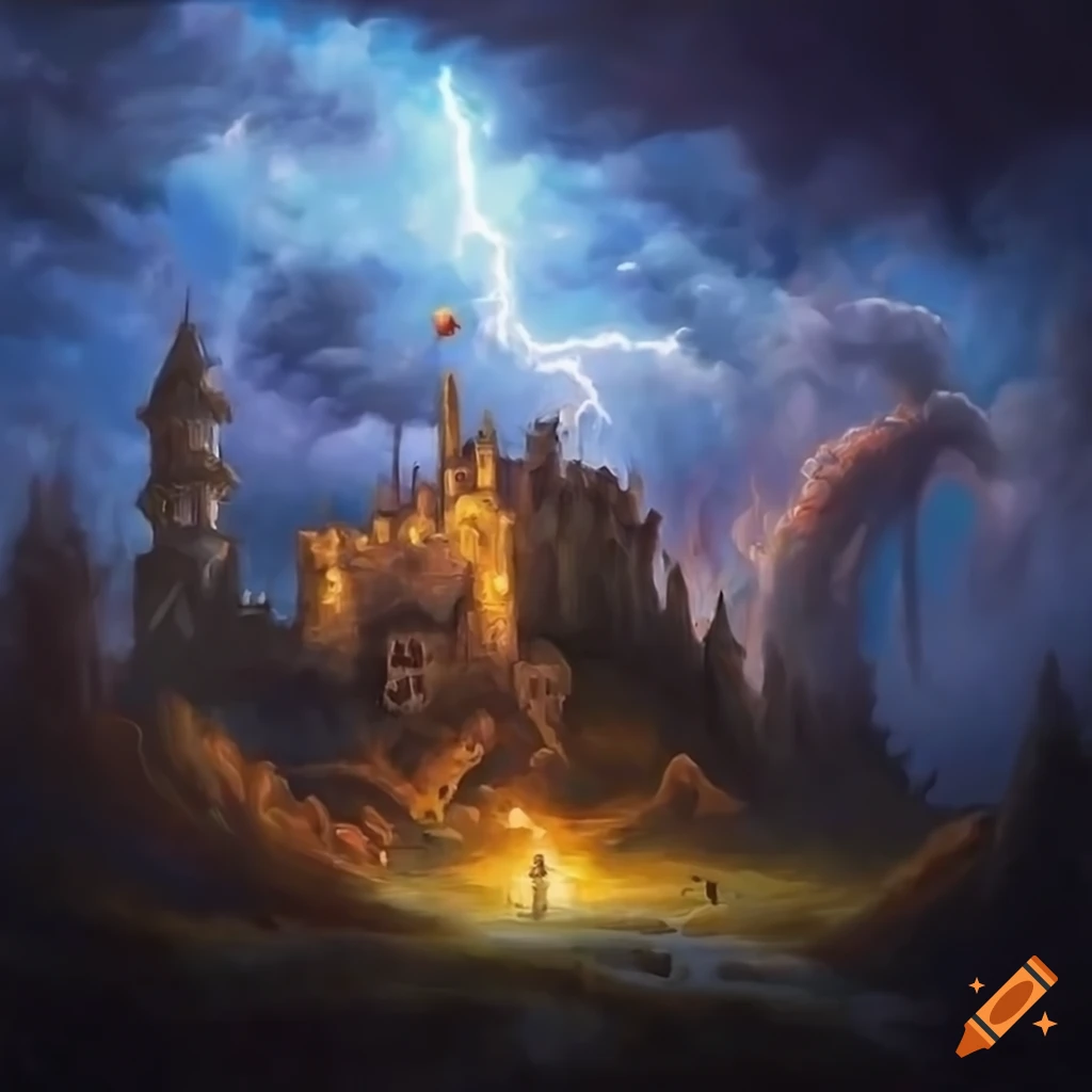 Medieval battle at dawn with castle, troll, ogre, wizard, and dragon in ...