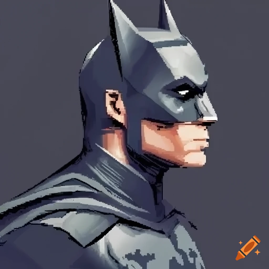 Pixelated side profile of The Batman with wavy hair on Craiyon