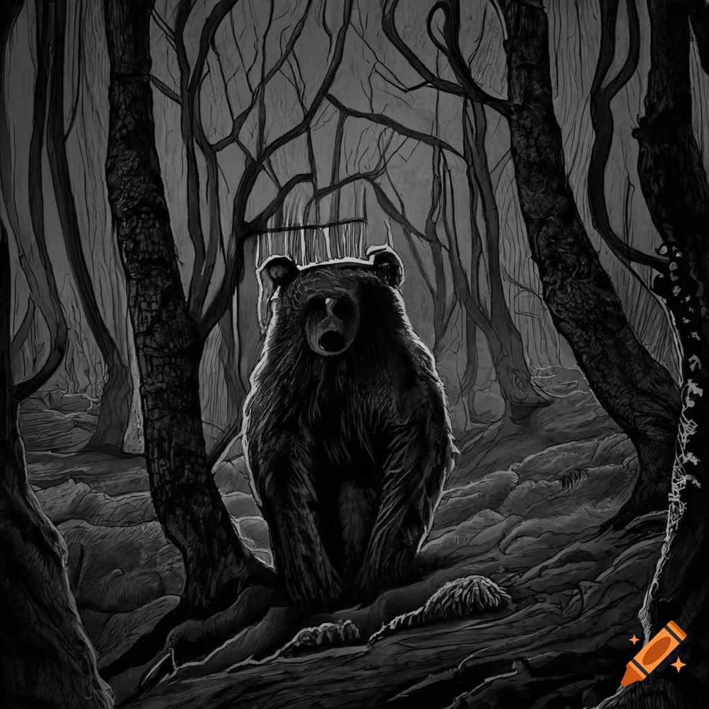 Bear in a swampy forest in dark ink drawing on Craiyon