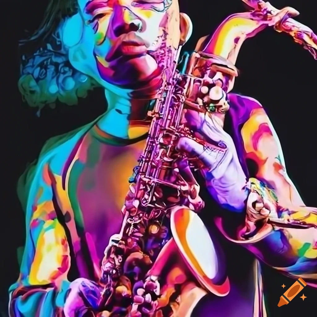 Colorful and vibrant portrait of musician playing saxophone on Craiyon