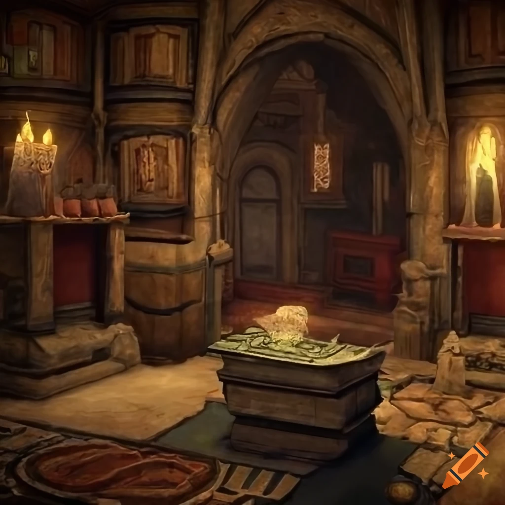 Cluttered ancient wizard's den on Craiyon