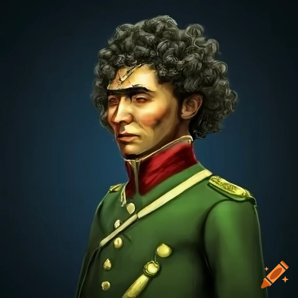 Mexican man in 1800s military uniform with short curly hair and mutton ...
