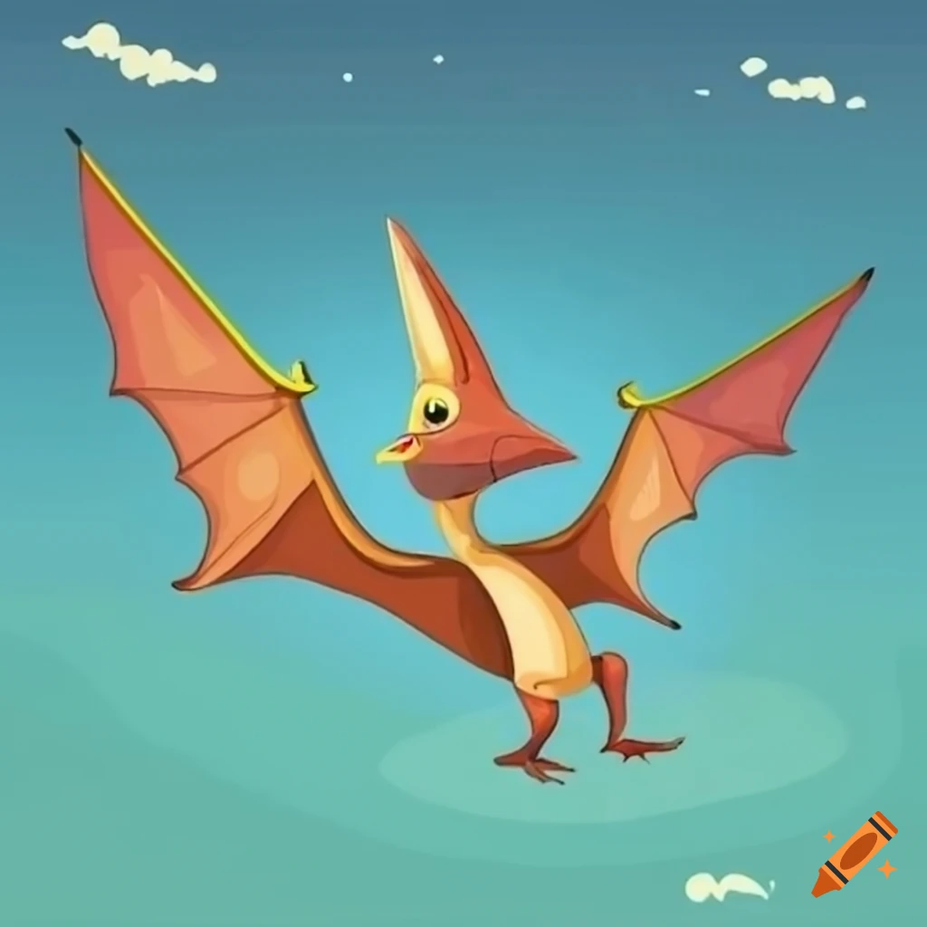 Illustrated child pterodactyl flying high in the sky on Craiyon