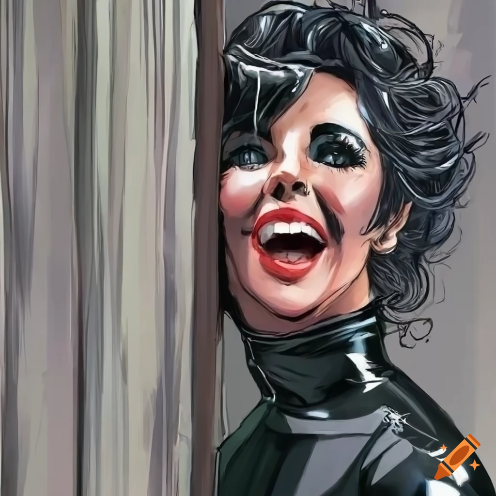 Comic book art of a woman with straight black hair, wearing pvc jacket ...