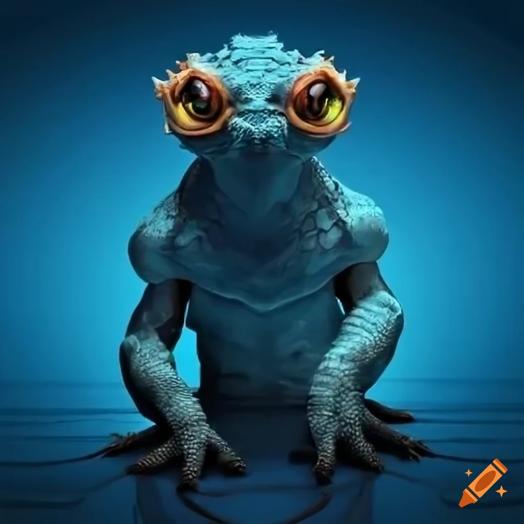 Pallid blue humanoid lizard with four eyes in a mechanical city on Craiyon