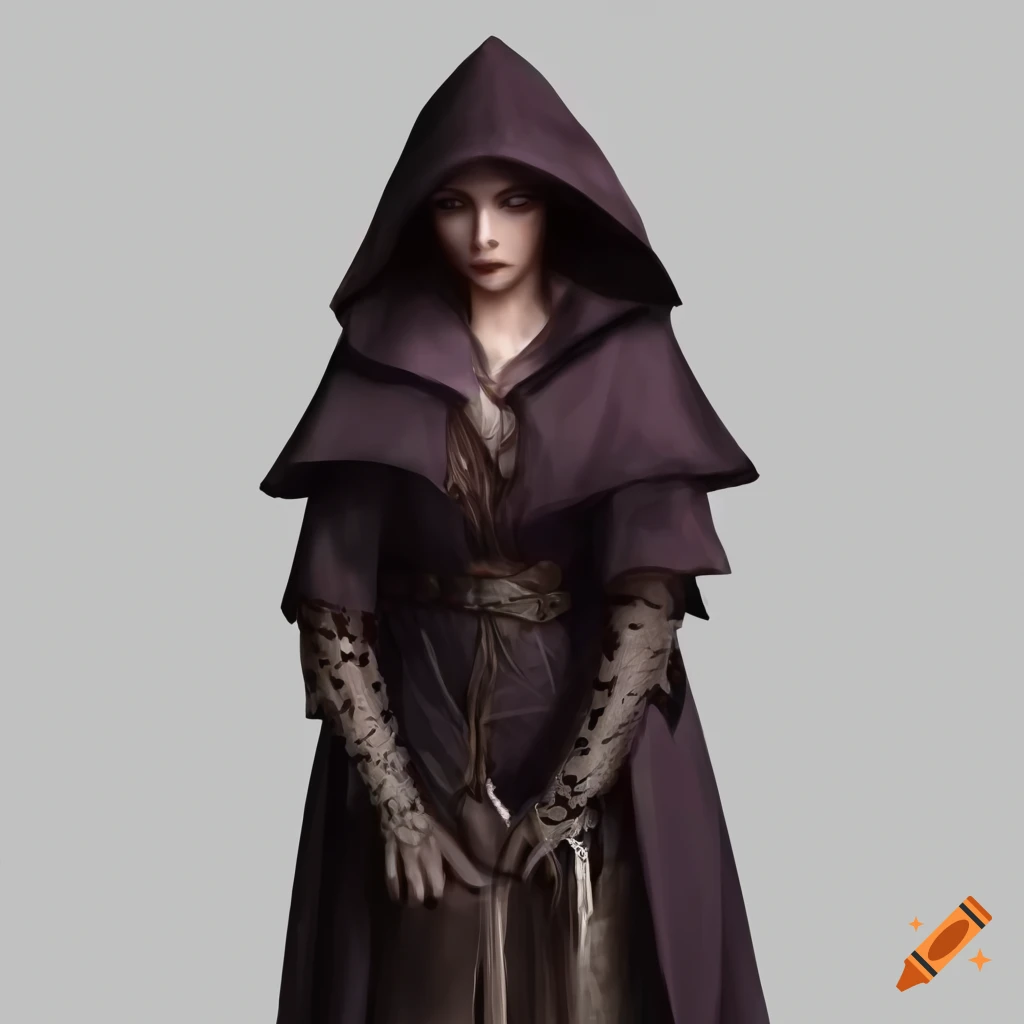 Portrait of a medieval fantasy female sorcerer with a dark hood on Craiyon