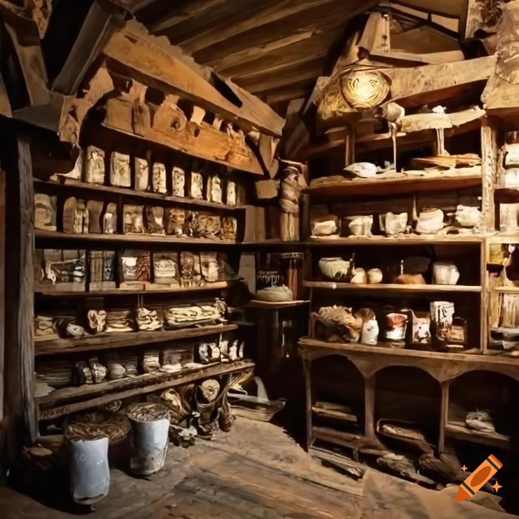 Bright interior of a medieval general store with a game-like atmosphere ...