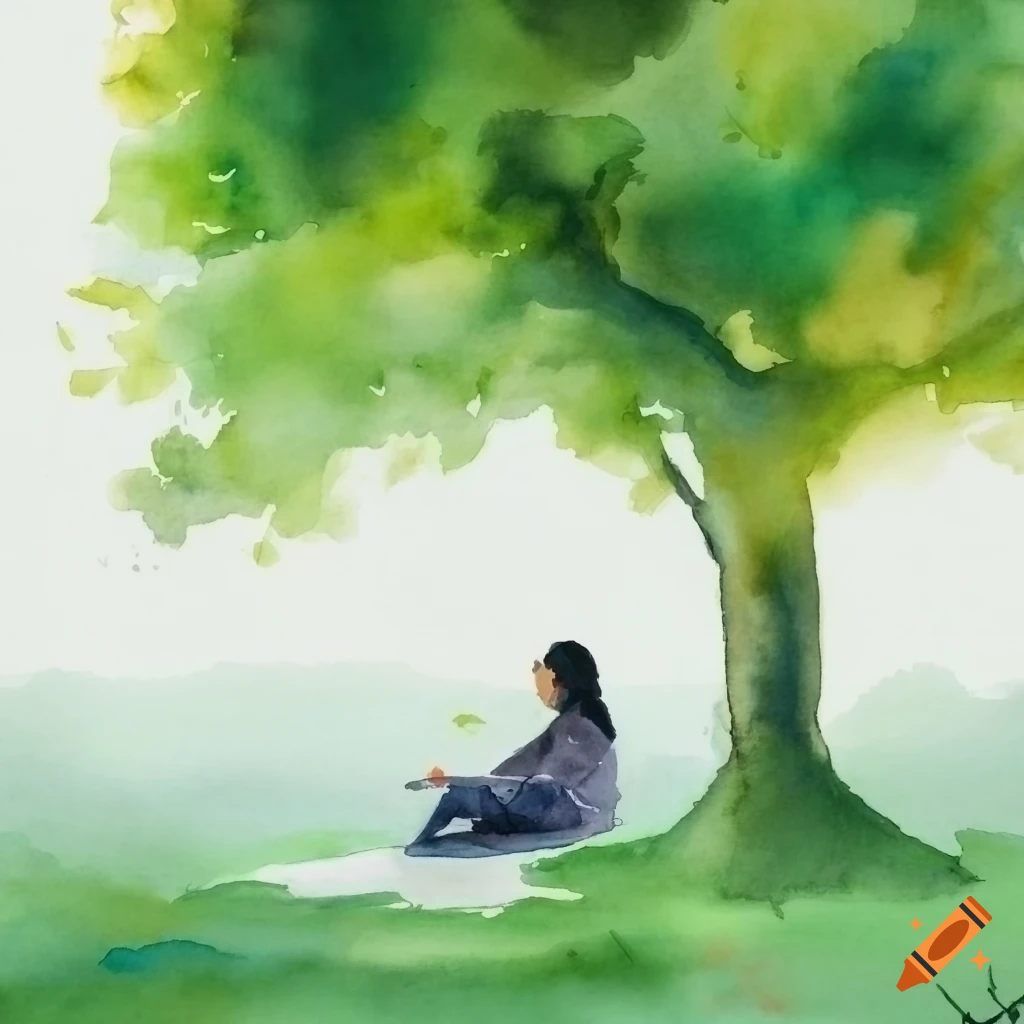 Person sitting under lush tree writing in a notebook in watercolor art ...