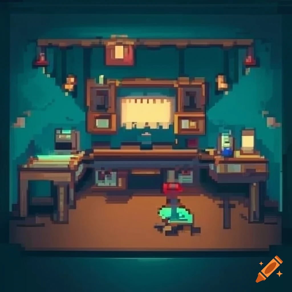 Pixel art style room with desk, PC, and old game player atmosphere on ...