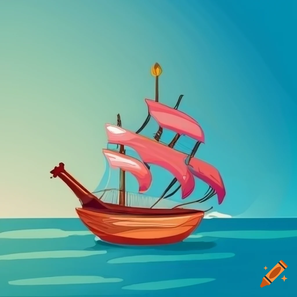 Cartoon-style boat on the sea with a classical guitar in the image on ...