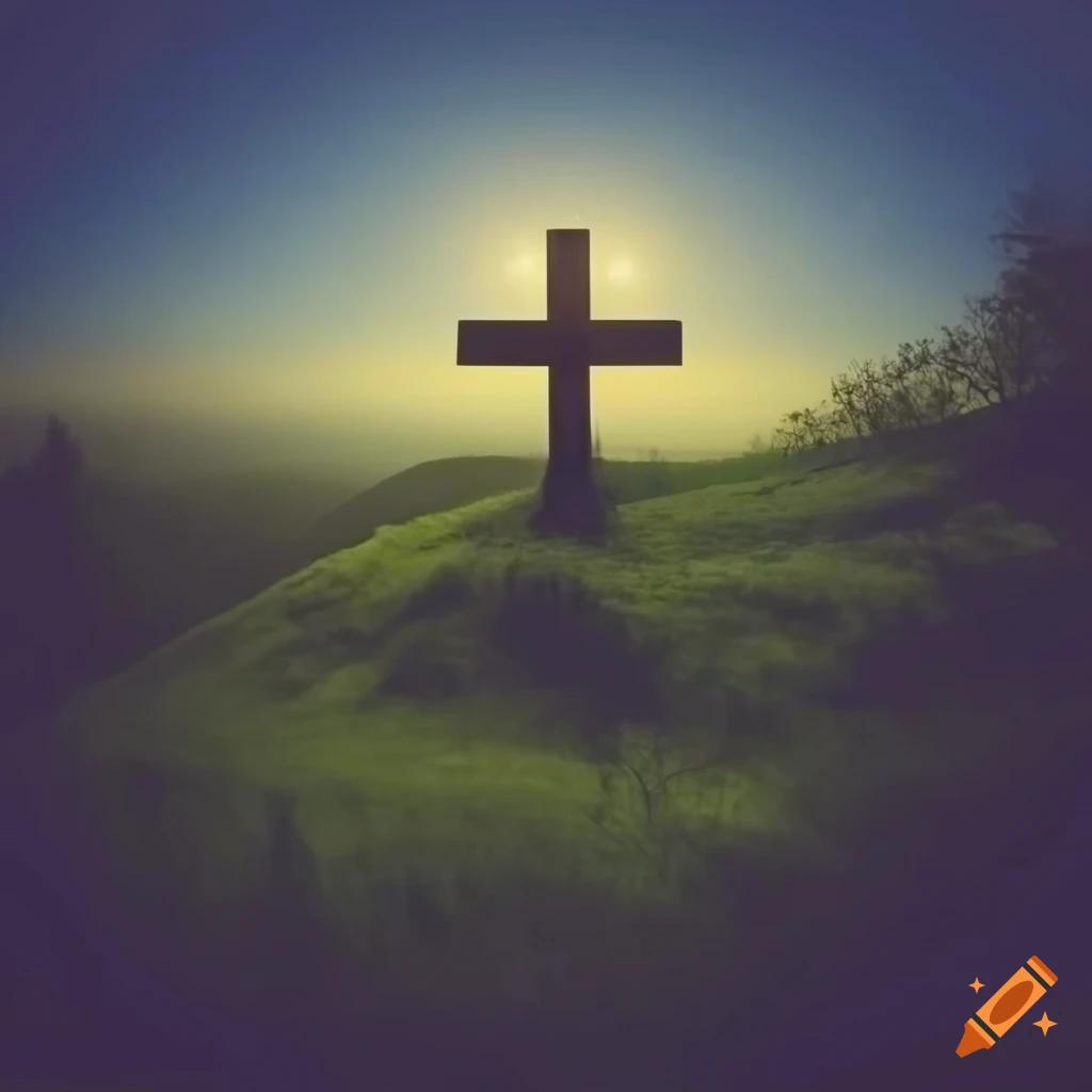 Silhouette of cross on a grassy hill with rays of light on Craiyon