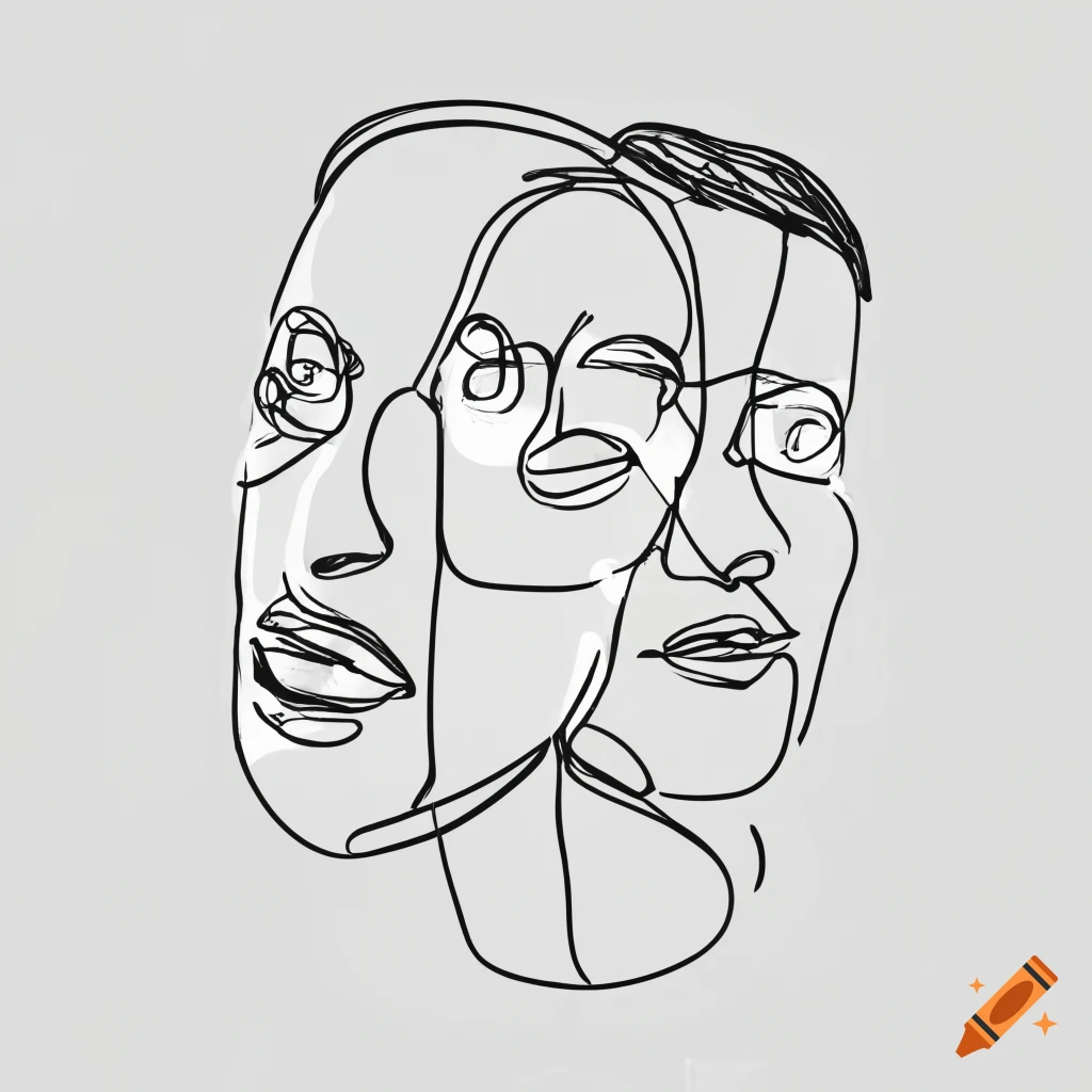 Single-line style top view with fisheye effect showing four expressive ...