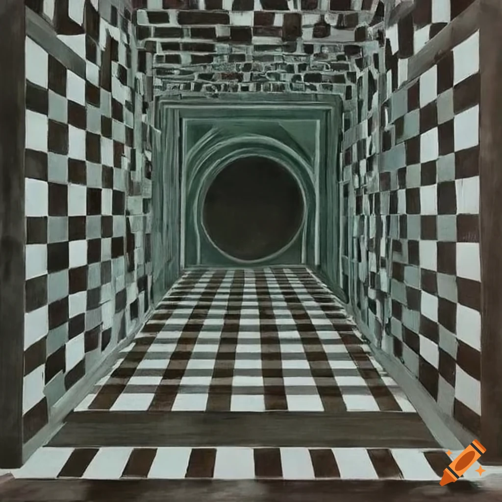 Surreal painting of checkered floor and a portal to another dimension ...