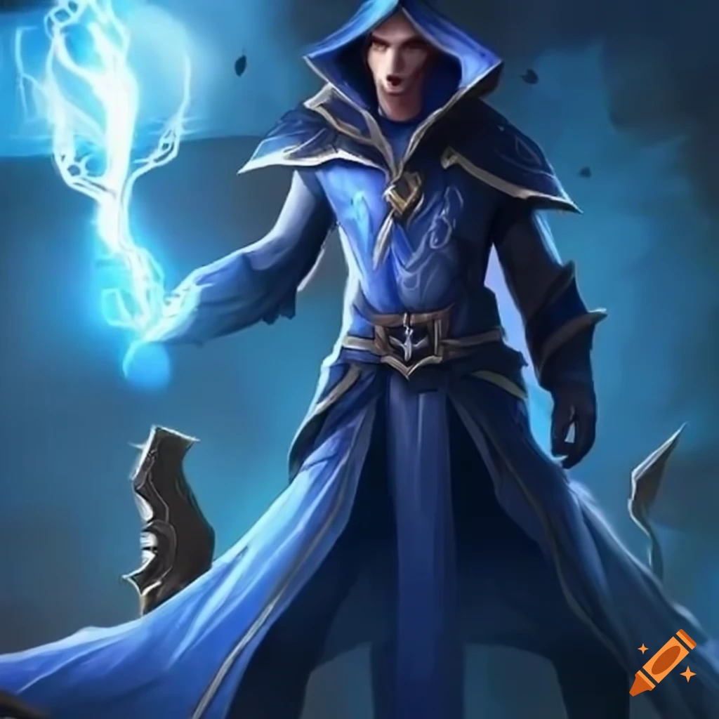 Powerful and mysterious male mage in blue on Craiyon