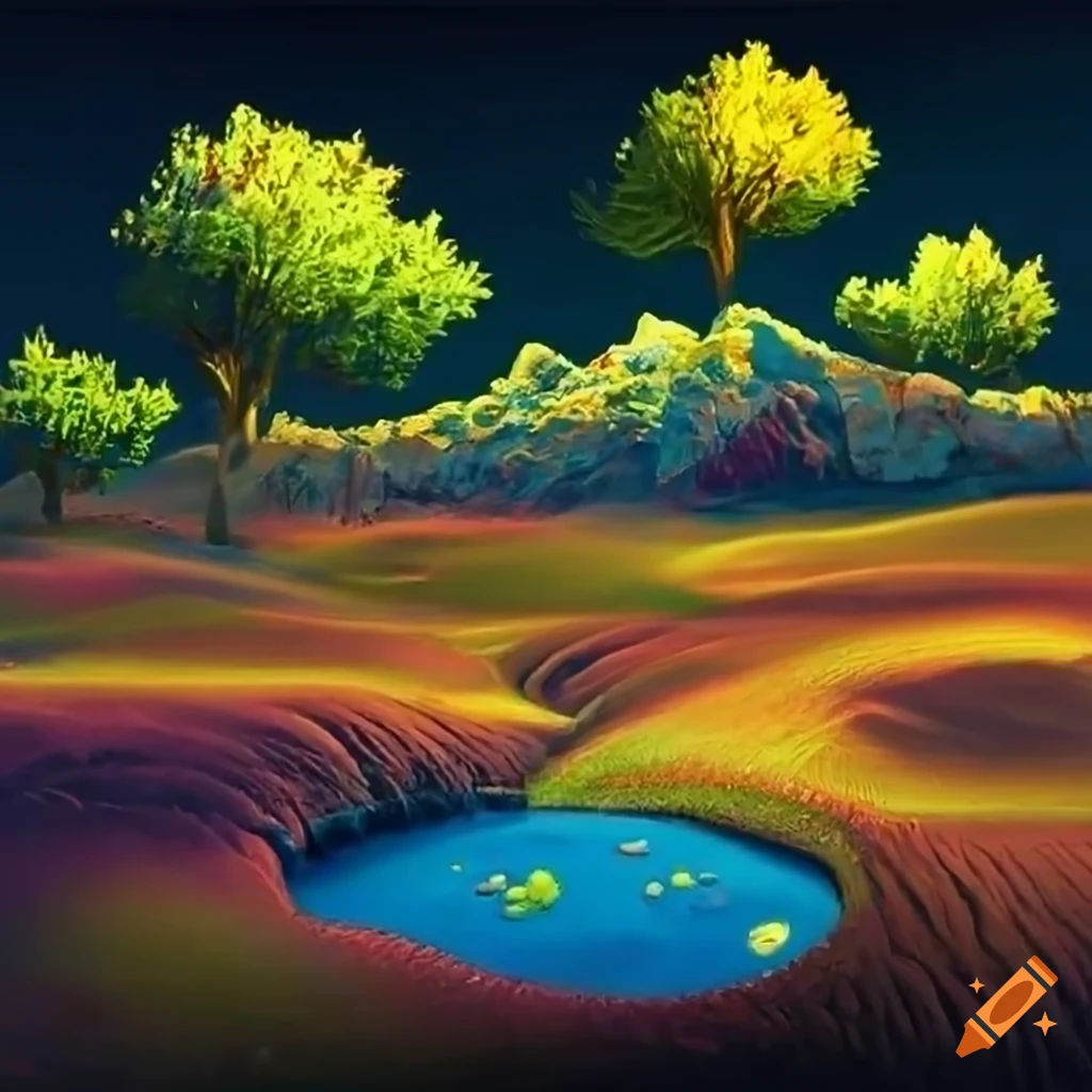 Intricately layered LSD diorama landscape with spectacular lighting on ...