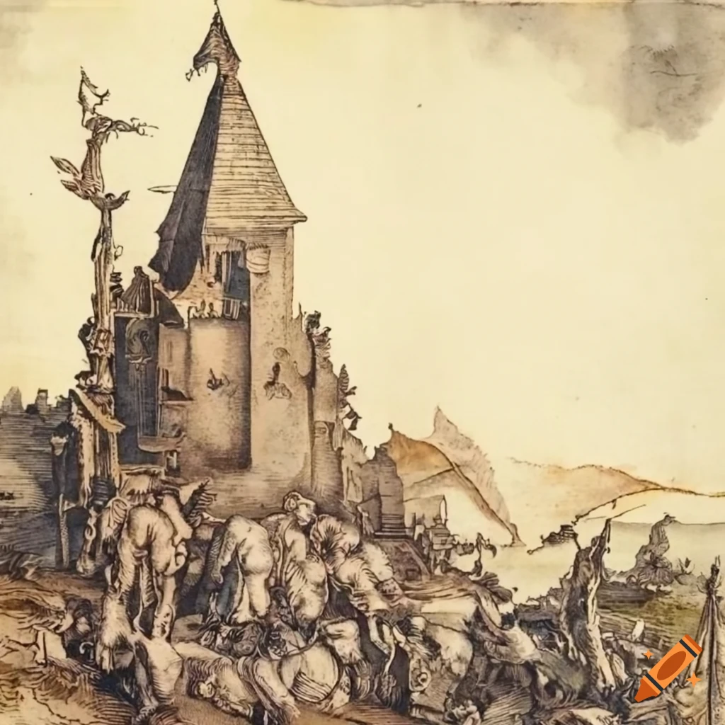 Vintage wizard battle on landscape engraving by albrecht durer on Craiyon