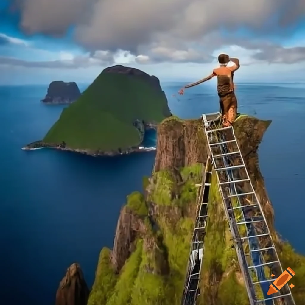 Man climbing a high ladder with a view of islands below on Craiyon