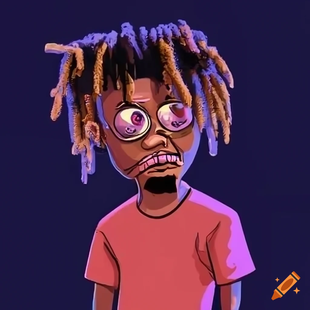 Artwork of Juice WRLD in a scary and weird cartoon style on Craiyon