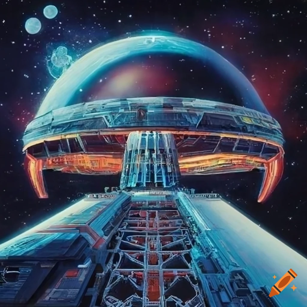 Hyper-detailed spaceport artwork with a 70s sci-fi vibe on Craiyon