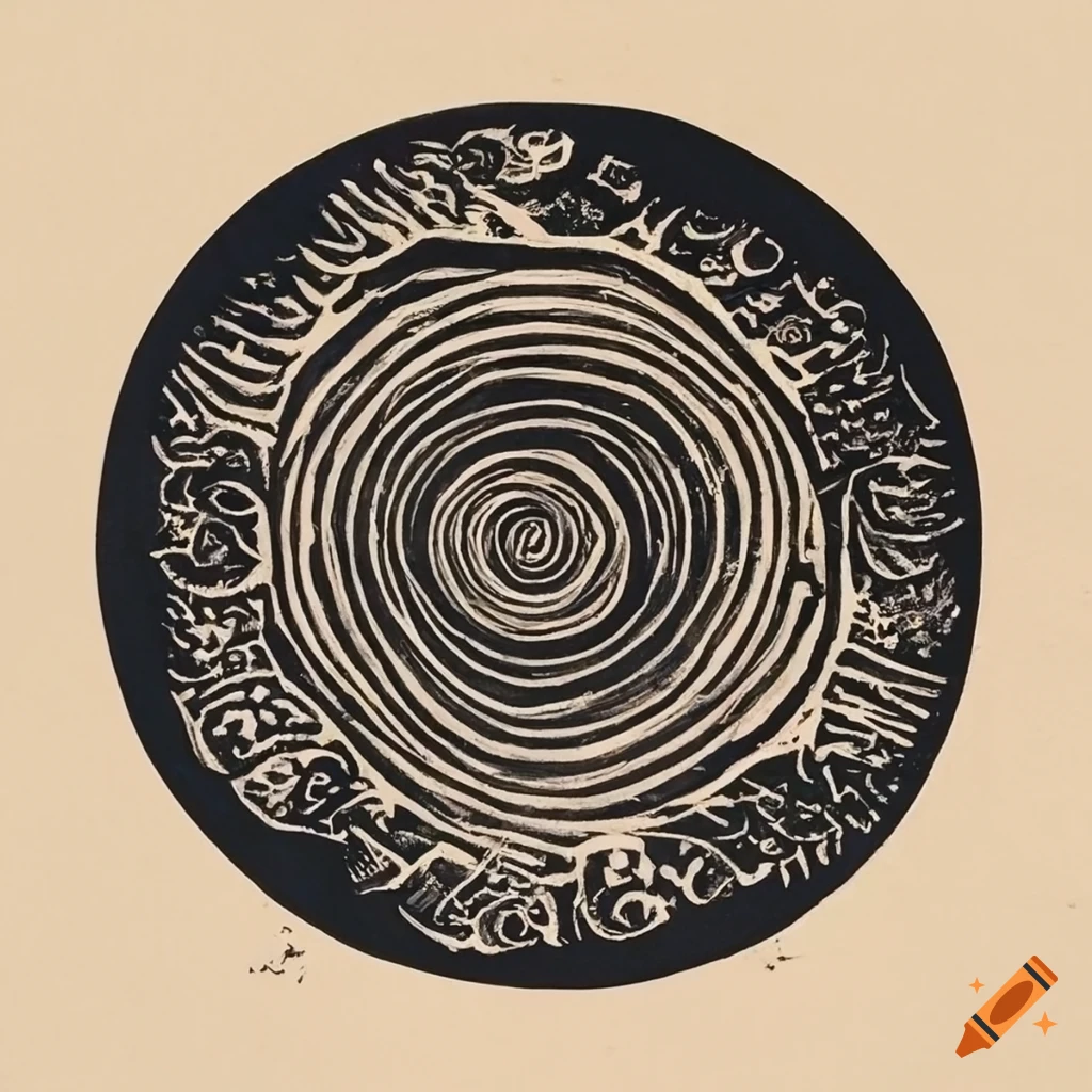 Linocut print of an unbroken circle on Craiyon