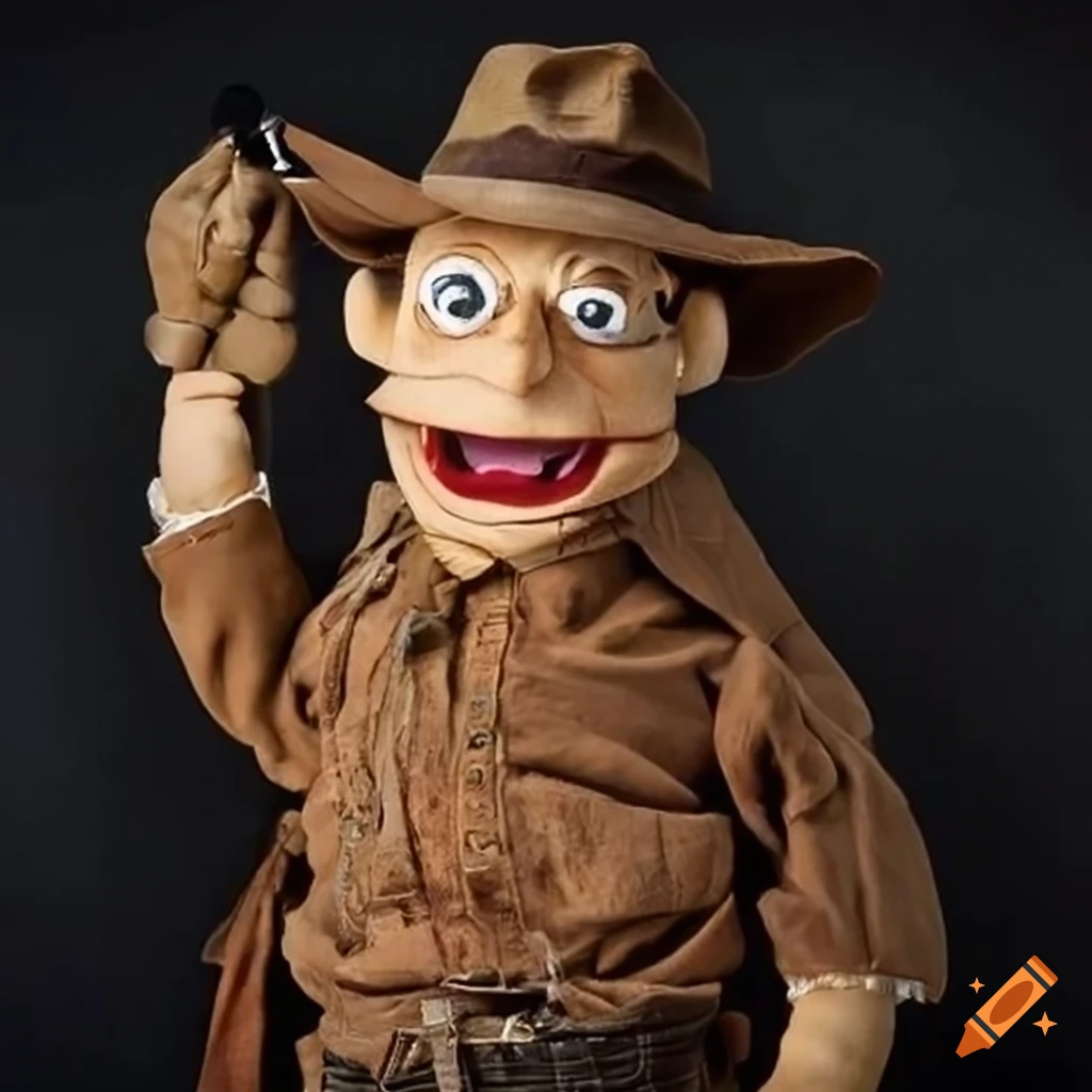Hand puppet dressed as indiana jones ready for adventure on Craiyon