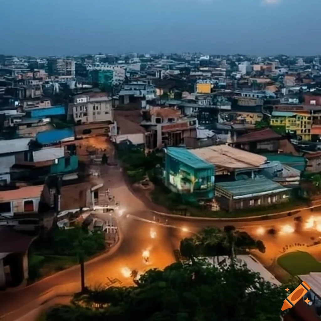 City with ghanaian cultural themed buildings addressing overpopulation ...