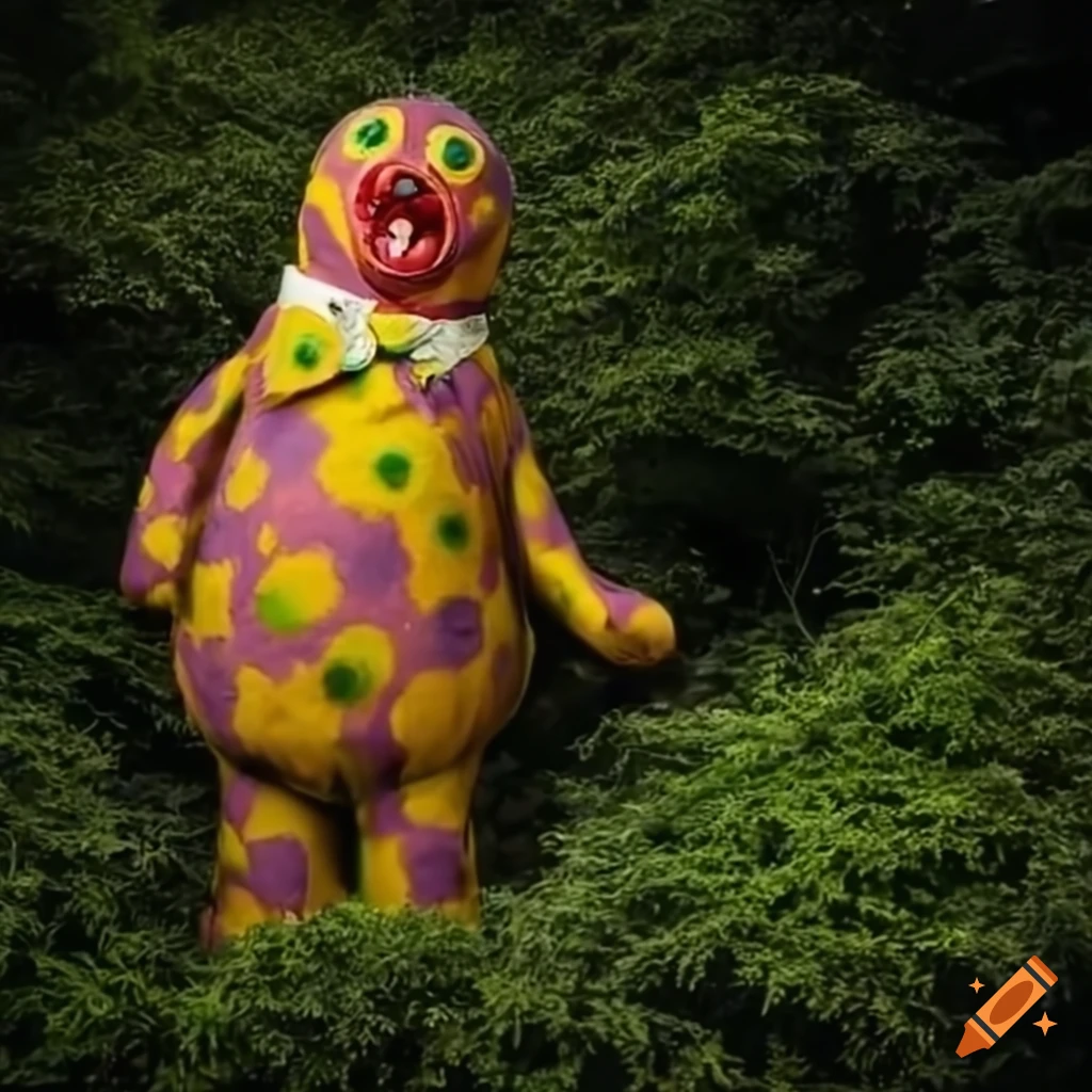 Mr Blobby hiding in the bushes on a dark night on Craiyon