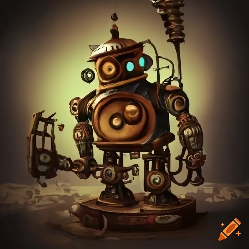 Clockwork robot in a steampunk city on Craiyon